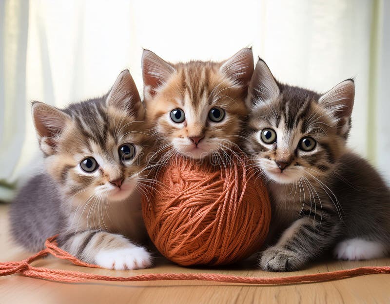 Three Kittens Tangled Up in a Yarn Ball during Playtime Stock ...