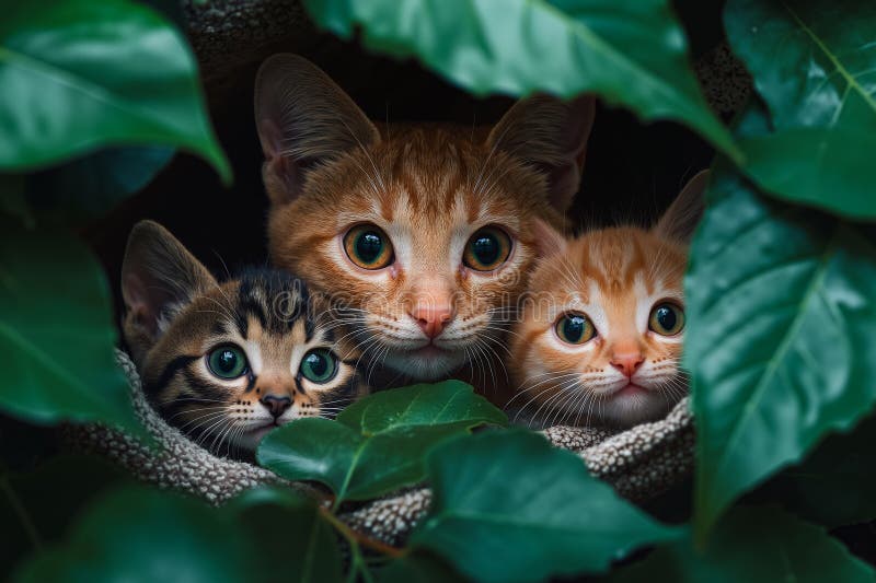 Three kittens in a tree stock image. Image of eyes, camera - 335971903