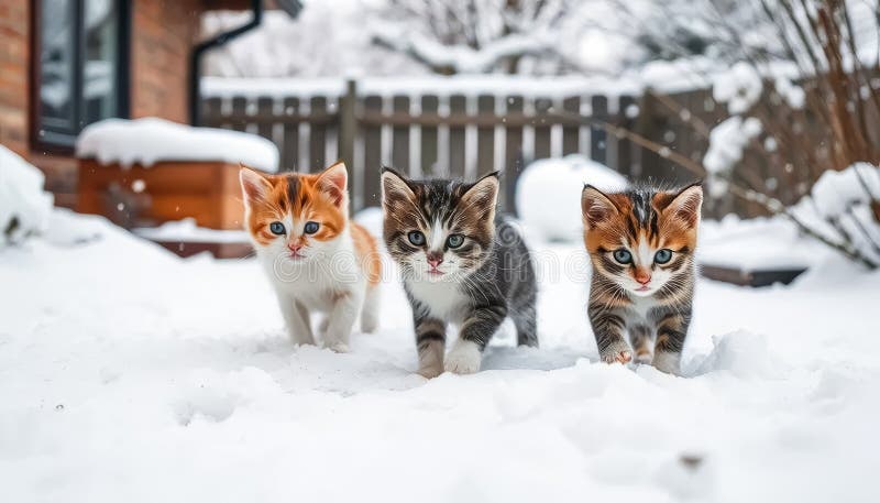 Three Kittens are Walking in the Snow Stock Image - Image of kitty ...