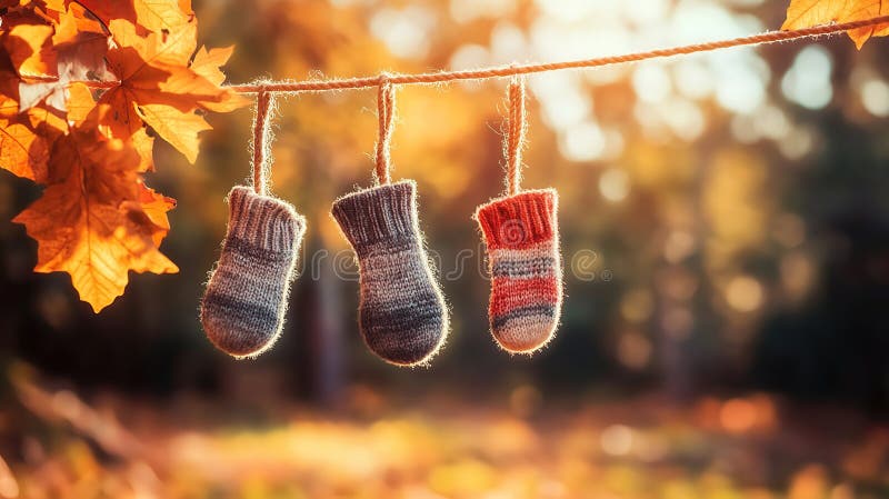 Three Knitted Mittens Hanging Outdoors on a Clothesline in Autumn Stock ...