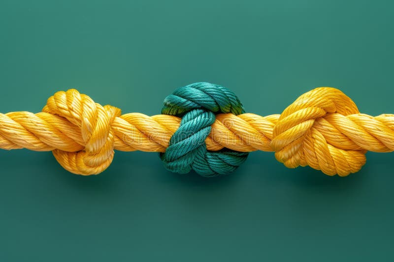 Three Knotted Ropes, Strong Green Knot Joining Yellow Ropes, Teamwork ...