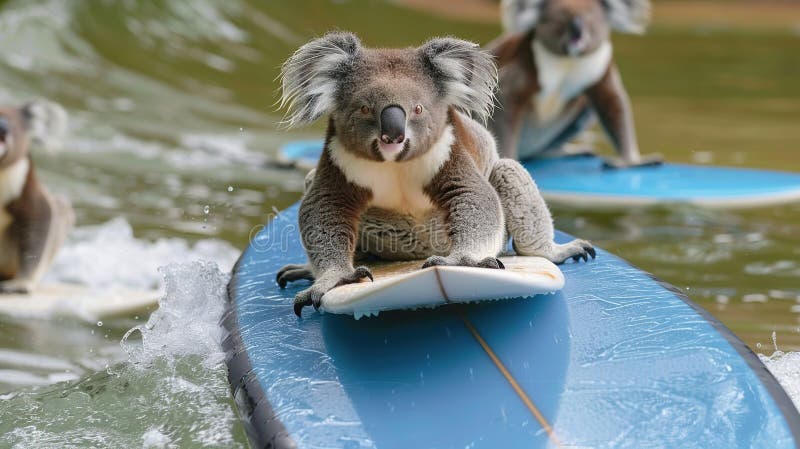 Three Koalas Surfing on a Blue Wave Stock Illustration - Illustration ...