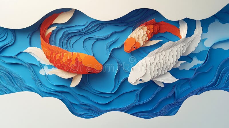 Three Koi Fish in Blue Water Paper Art Stock Illustration ...