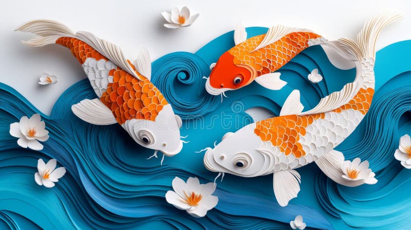 Three Koi Fish in Blue Water with White Flowers Paper Art Stock ...