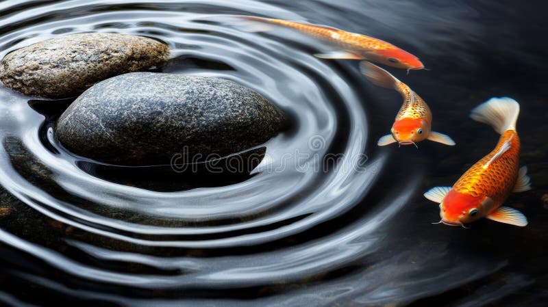 Three Koi Fish Swim in a Pond with Smooth Ripples Around Two Grey ...