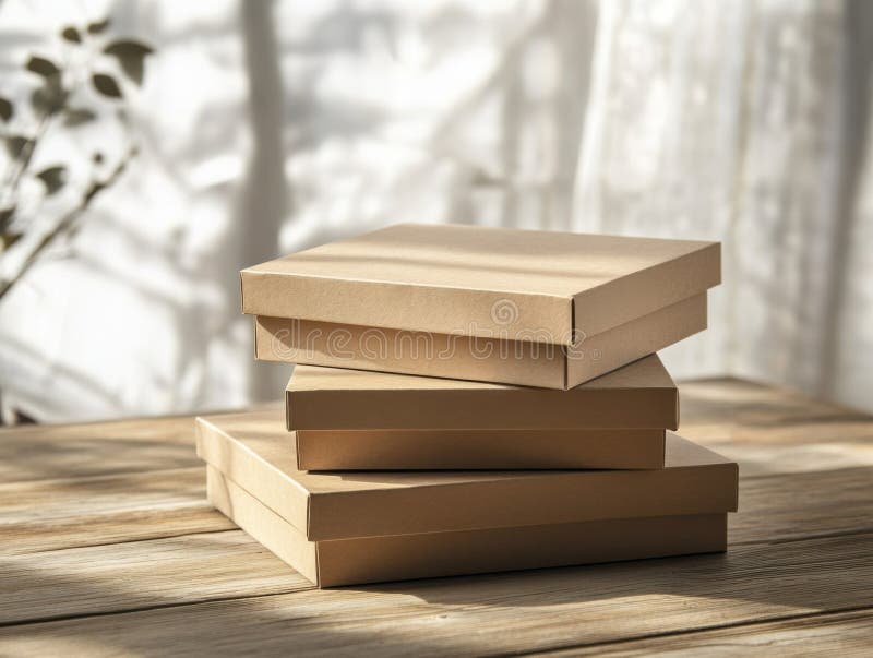 Three Kraft Paper Box Mockups of Different Sizes are Stacked on a ...