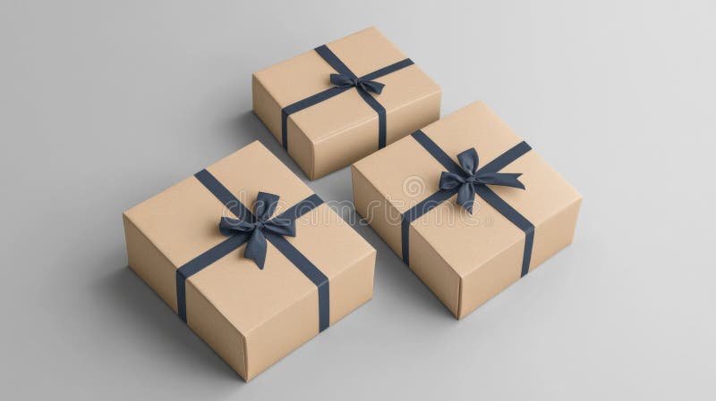 Three Kraft Paper Gift Boxes with Dark Blue Ribbons Stock Illustration ...