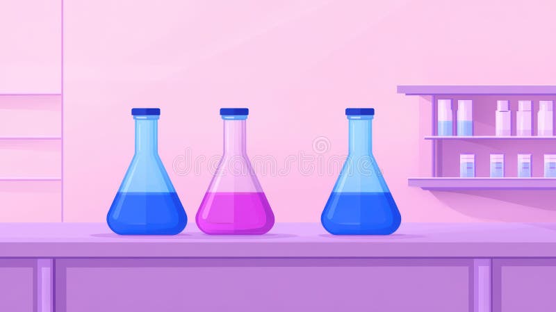 Three Laboratory Bottles Filled with Colorful Liquids Stand on a Table ...