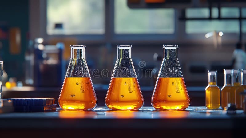 Three Laboratory Flasks with Amber Liquid on a Workbench Stock Image ...