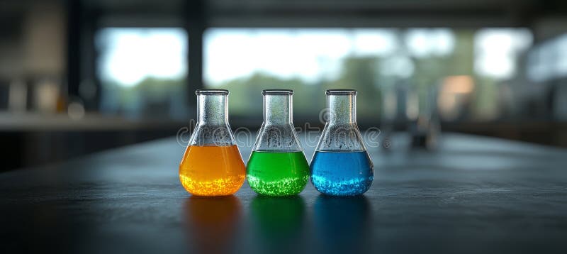 Three Laboratory Flasks with Colorful Chemical Solutions on a ...