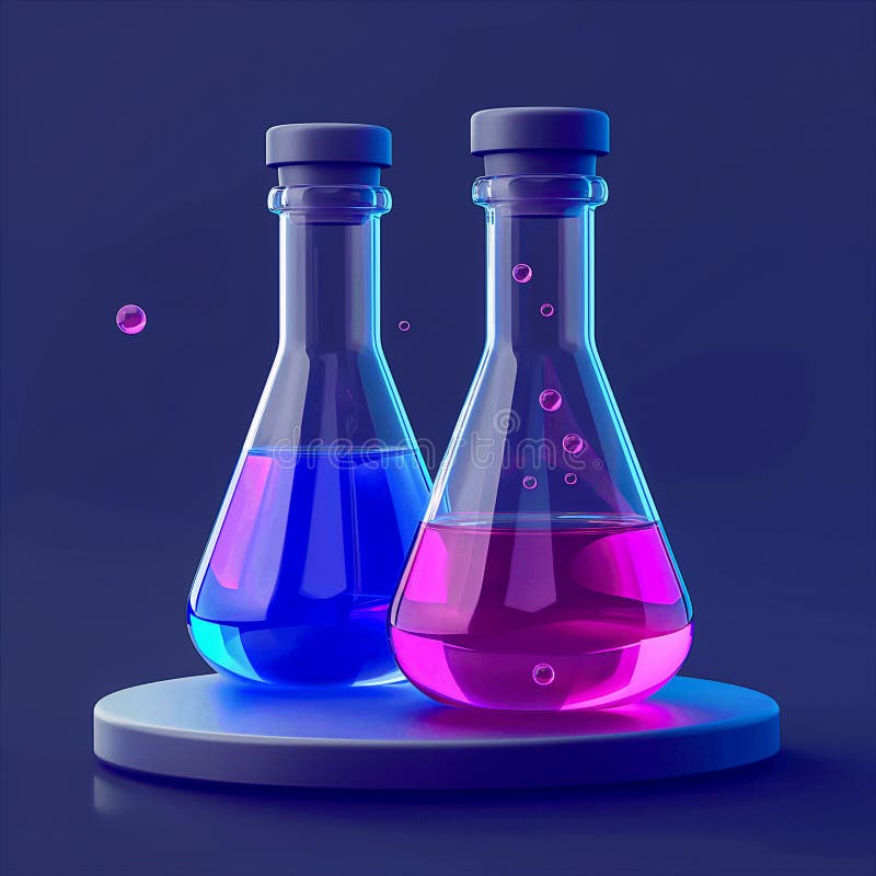 Three Laboratory Flasks with Colorful Liquid on Dark Blue Background ...