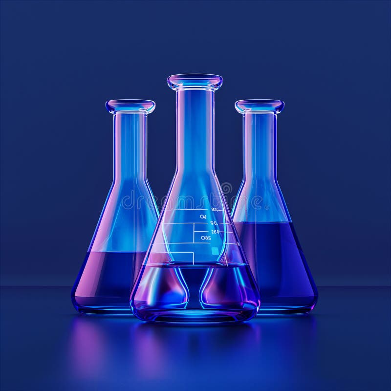Three Laboratory Flasks with Colorful Liquid on Dark Blue Background ...