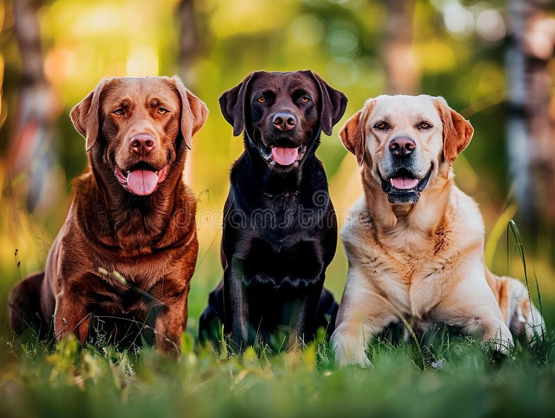 Three Labrador Retrievers Sitting in the Grass Stock Photo - Image of ...