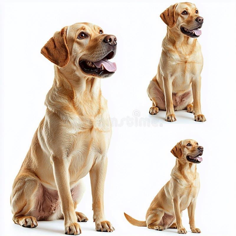 Three Labrador Retrievers Sitting on a White Plain Backdrop Isolated on ...