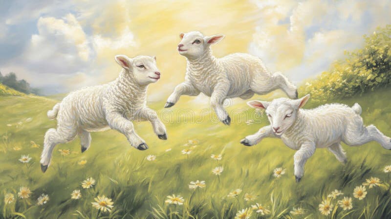 Three Lambs Leap Joyfully Across Spring Meadow Stock Illustration ...