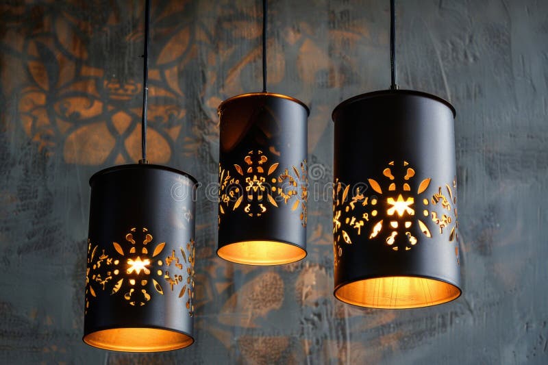 Three Lamps Hang from the Ceiling in this Modern Room Stock Image ...