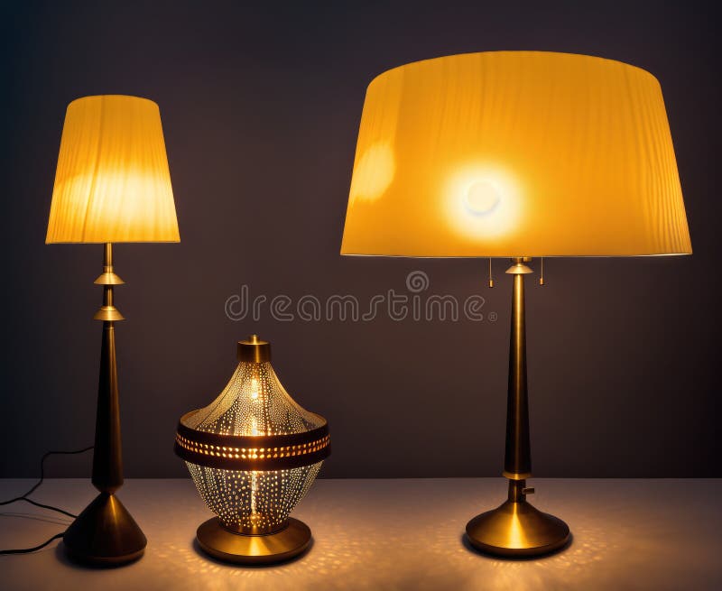 Three Lamps on a Table with a White Shade and a Gold Base. Stock Photo ...