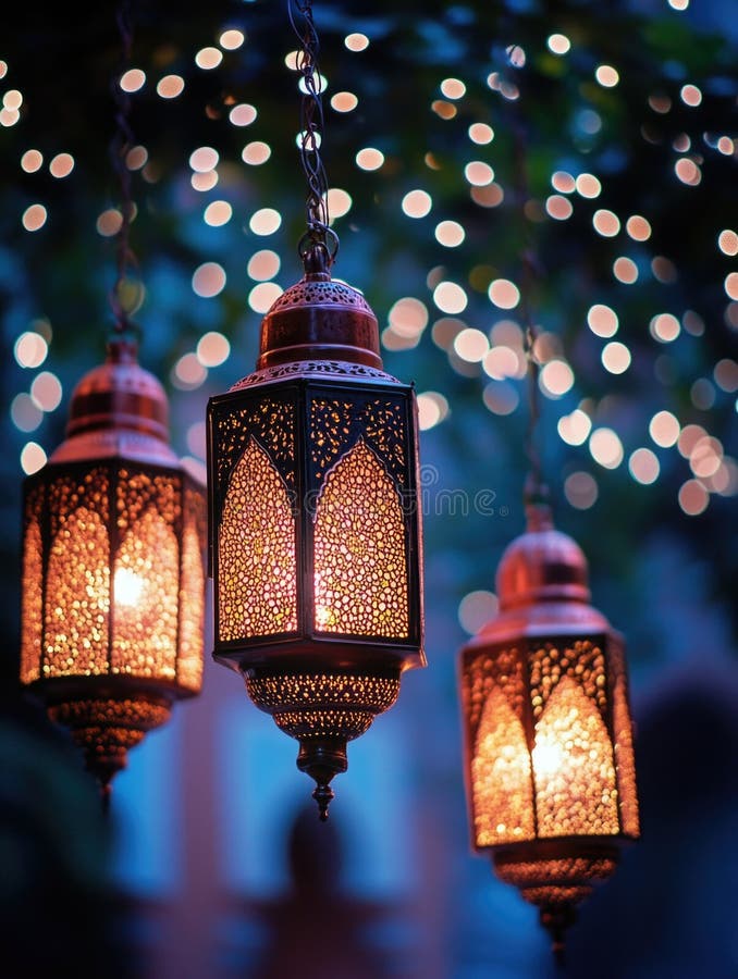 Three Lanterns Hanging from a Tree, Each with a Different Color Stock ...