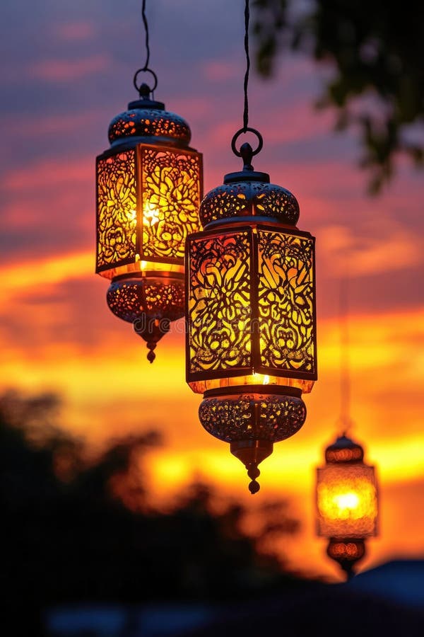 Three Lanterns Hanging from a Tree, One of Which is Lit Stock Image ...