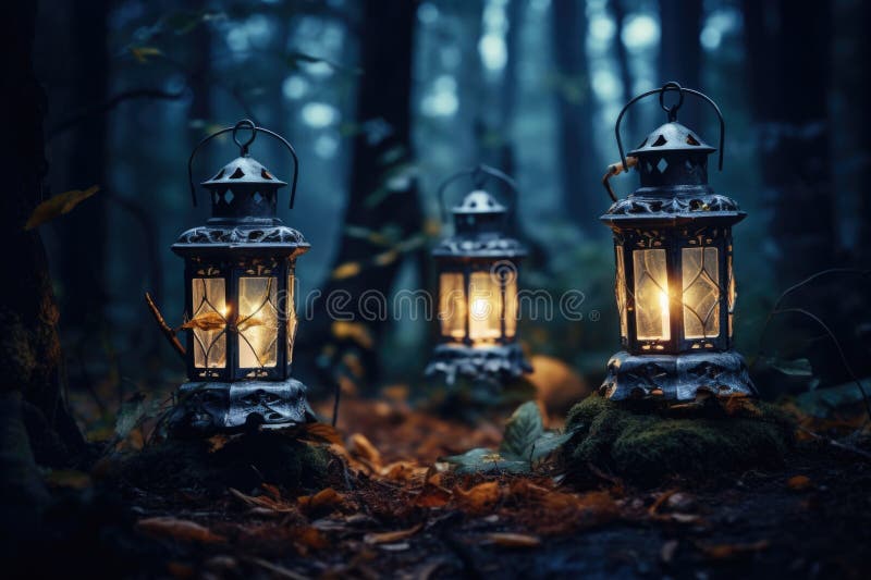 Three Lanterns are Illuminated in the Darkness of the Woods. Perfect ...