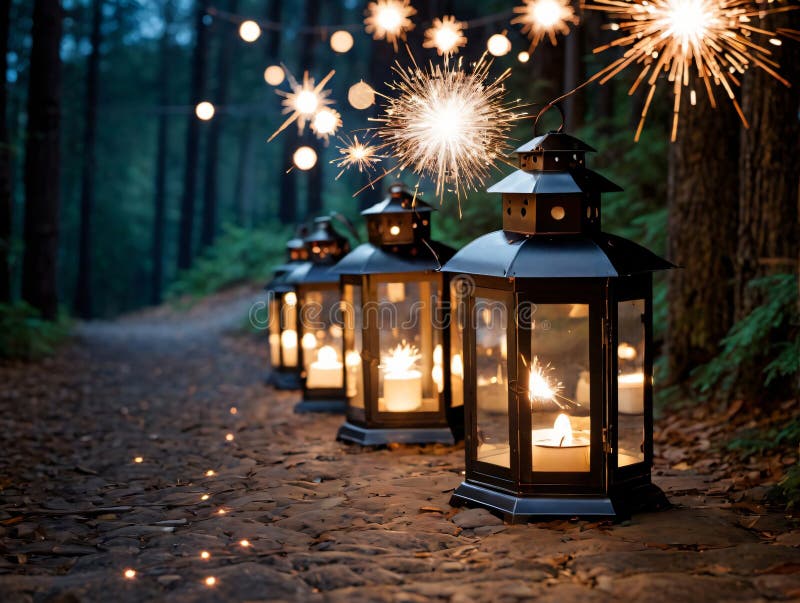 Three Lanterns with Sparkles on Them. Generative AI Stock Illustration ...