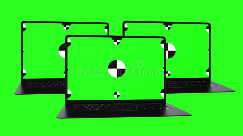 Three Laptop Revolves Around on a Green Background. Green Screen with ...