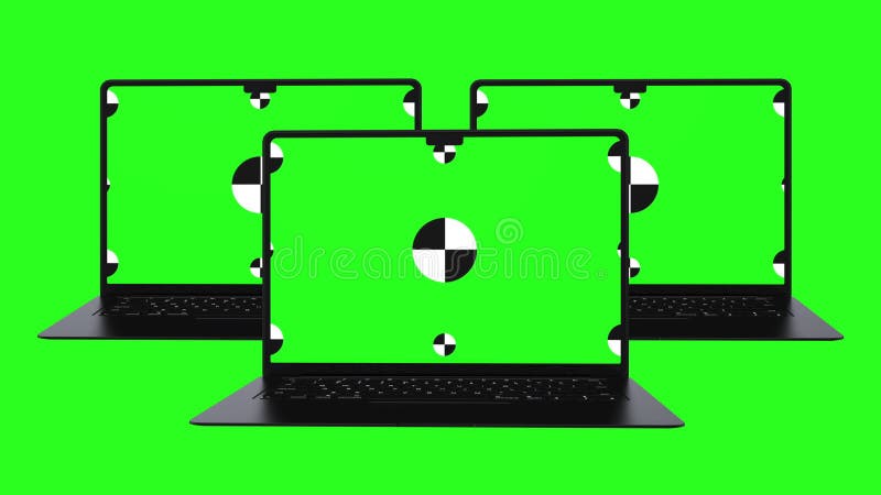 Three Laptop Revolves Around on a Green Background. Green Screen with ...