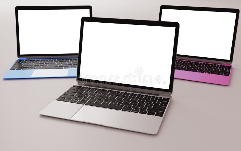 Three Laptops with Different Colors and Flat White Screen. Stock Photo ...