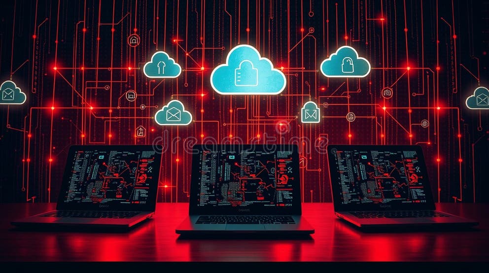 Three Laptops Display Code Against a Backdrop of a Red Network with Cloud Security Icons ...