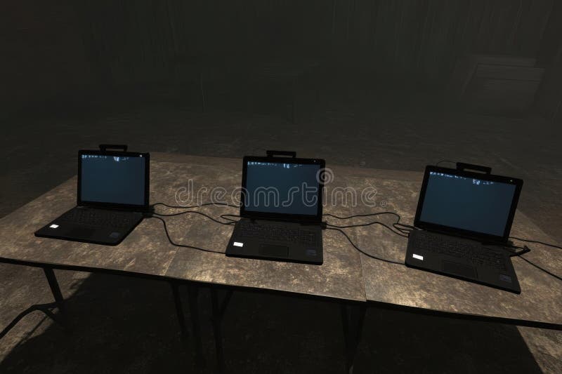 Three Laptops Displayed on Table in Dark Environment, for Secret Base ...