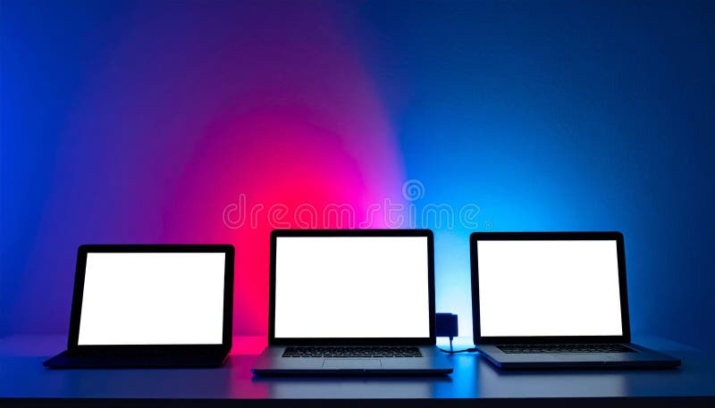 Three Laptops Displaying Blank White Screens in a Dark Room with Blue ...