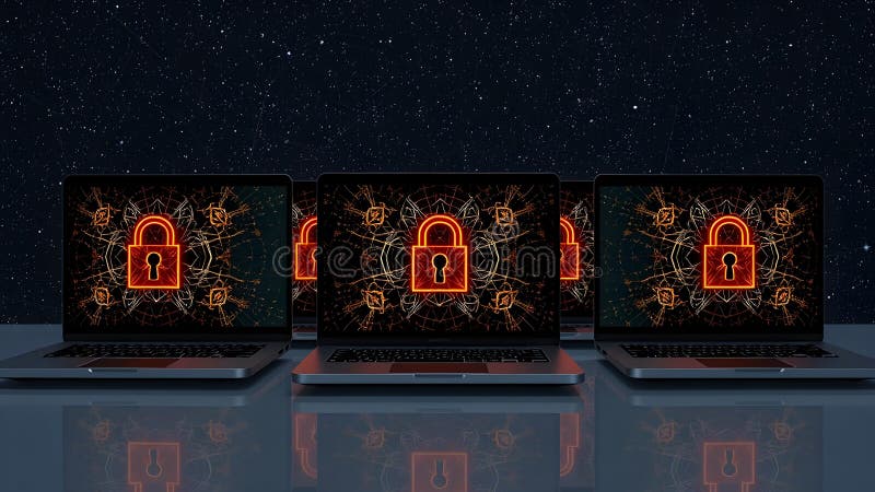 Three Laptops with a Red Lock on the Screen Stock Illustration ...