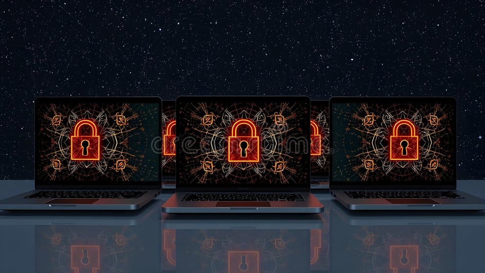 Three Laptops with a Red Lock on the Screen Stock Illustration ...