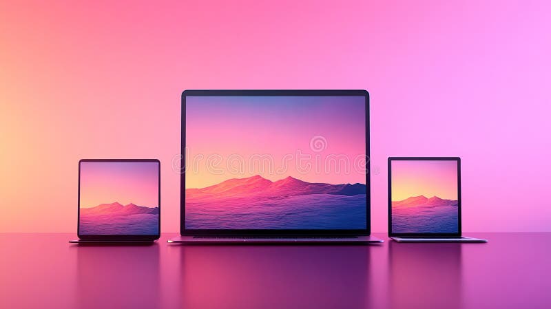 Three Laptops, Sunset Landscape Display, Pink Background, Tech Product ...