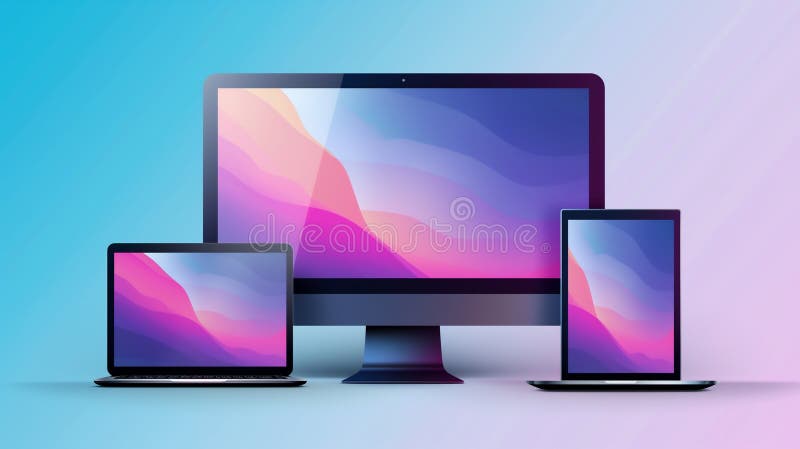 Three Laptops and Tablets are Displayed on a Blue Background Stock ...