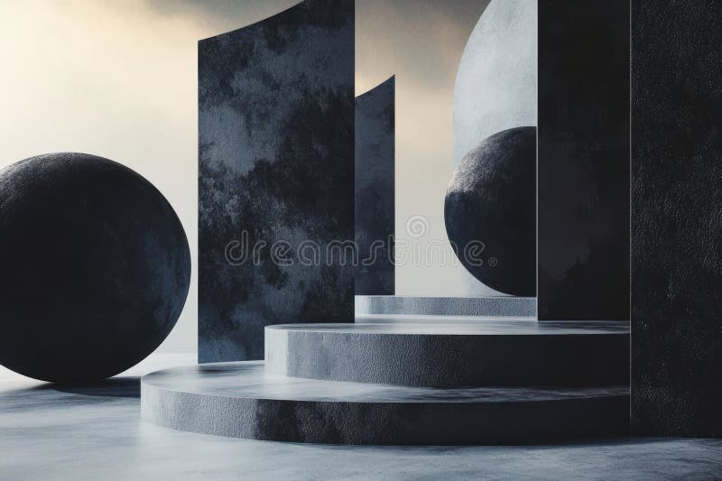 Three Large Black Balls Rest on a Platform Inside a Room. Stock Image ...