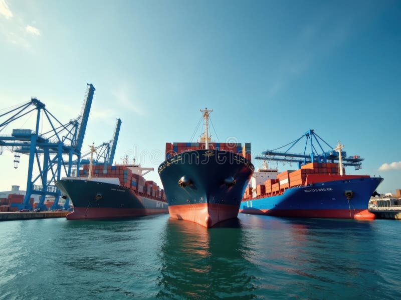 Three Large Cargo Vessels are Docked at the Harbor, Surrounded by ...