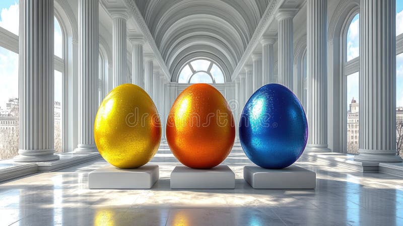 Three Large Colorful Eggs Displayed in Bright Grand Hall with Arched ...