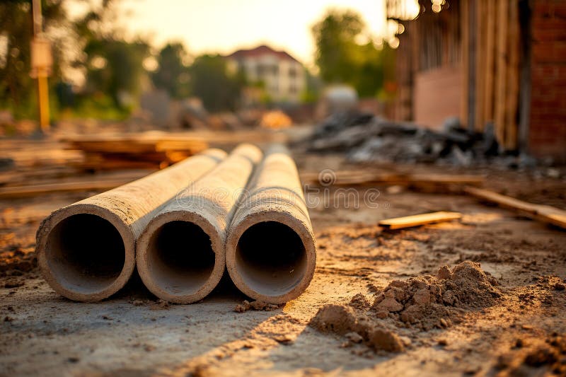 Three Large Concrete Pipes Rest on a Construction Site at Sunset ...