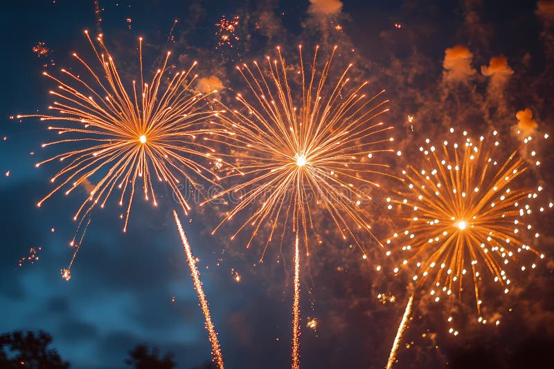 Three Large Fireworks Bloom in the Sky, Creating an Orange and Yellow ...
