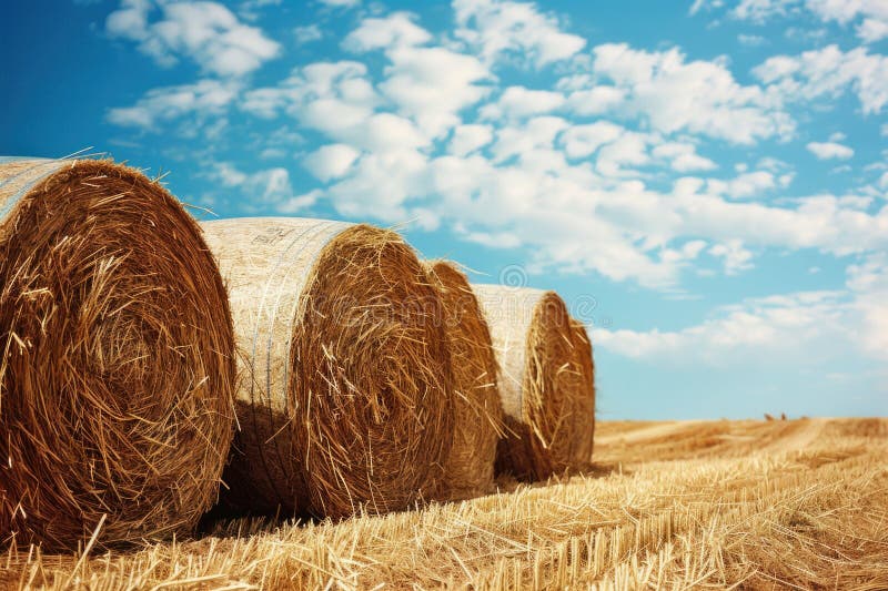 Three Large Hay Bales are Stacked in Field Stock Image - Image of grain ...