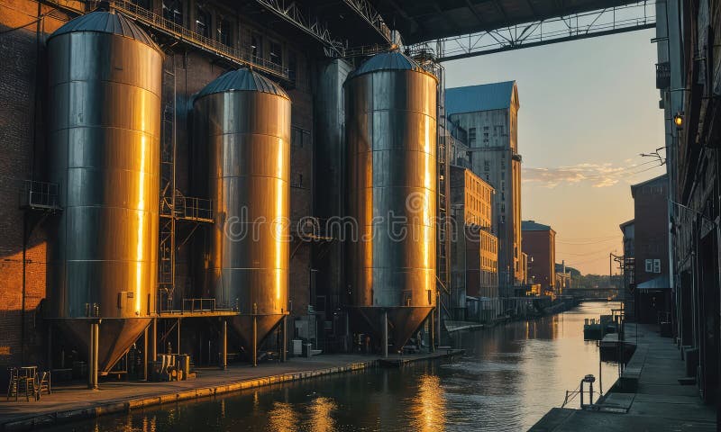 Three Large Metal Tanks are in Front of a Building. Stock Illustration ...