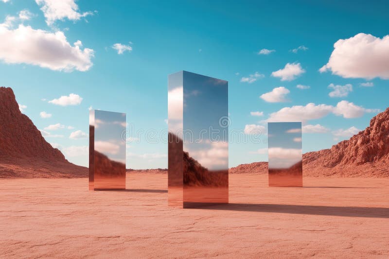 Three Large, Mirrored Cubes are Standing in a Desert Stock Photo ...
