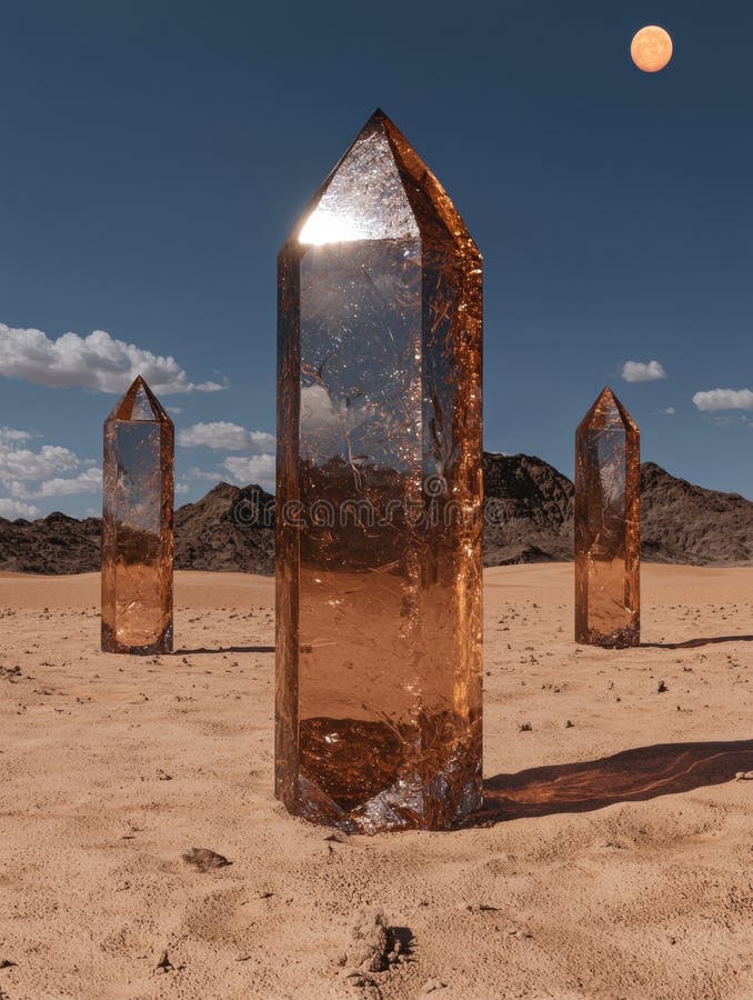 Three Large Quartz Crystals Stand in a Desert Landscape Under a Full ...