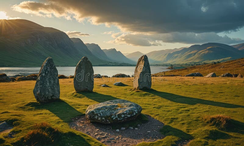 Three Large Rocks are in the Middle of a Field with Mountains in the ...