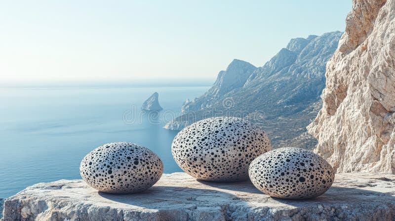 Three Large Rocks are Sitting on a Ledge Overlooking the Ocean Stock ...