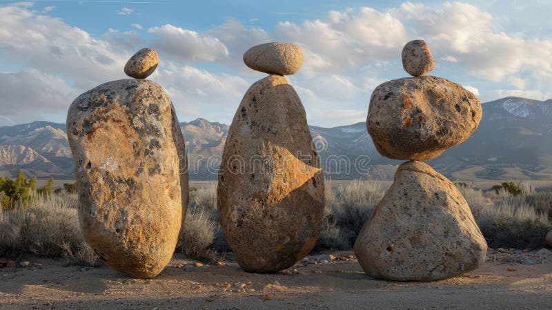 Three Balanced Rocks Standing in Harmony Against a Mountainous Backdrop ...