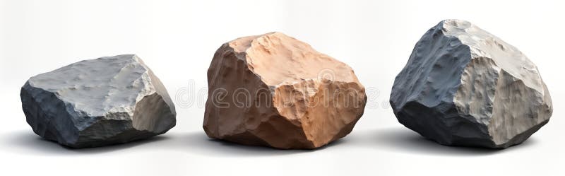 Three Large Rocks with Varied Colors, Textures Displayed Against Plain ...
