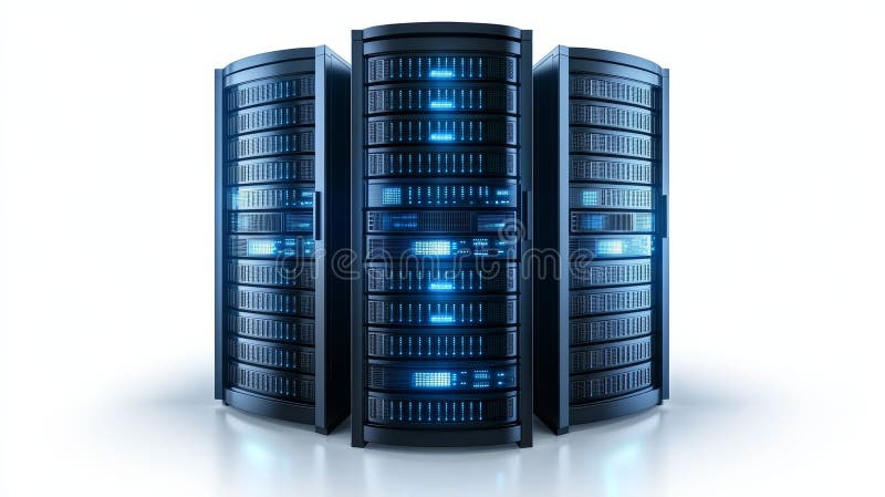 Three Large Server Racks with Blue Lights Illuminating the Front. the ...
