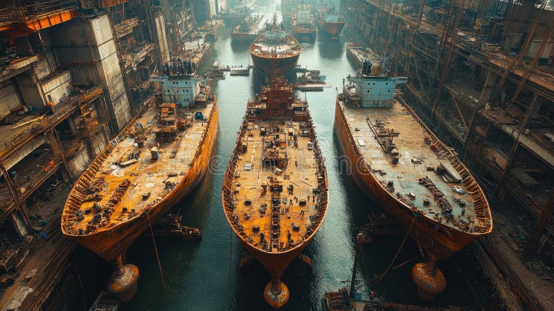 Three Large Ships in a Dry Dock, Undergoing Maintenance and Repairs ...